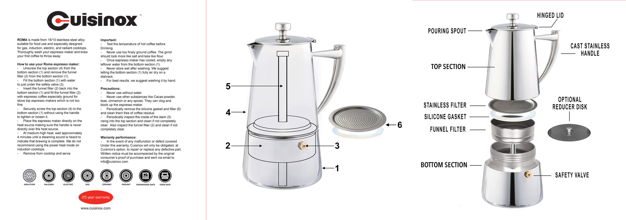 Cuisinox Roma Mirror Stainless Steel Induction Stovetop Moka Espresso
